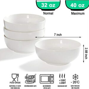 40 Ounces Soup Bowls, Salad Bowls, Cereal Bowls, Pasta Bowls, Pho Bowls, Durable Porcelain Off White Bowls Set of 4, 7 Inch