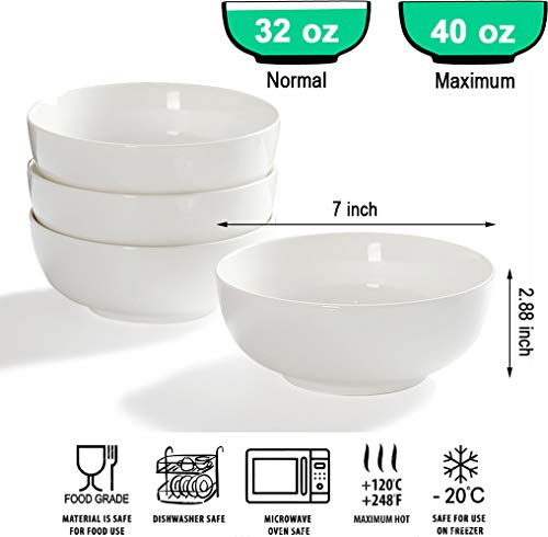 40 Ounces Soup Bowls, Salad Bowls, Cereal Bowls, Pasta Bowls, Pho Bowls, Durable Porcelain Off White Bowls Set of 4, 7 Inch