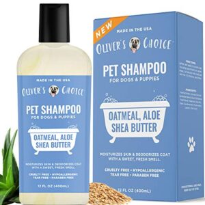 dog shampoo with oatmeal and aloe. shea butter for smelly dogs, puppy shampoo by oliver's choice 14 oz