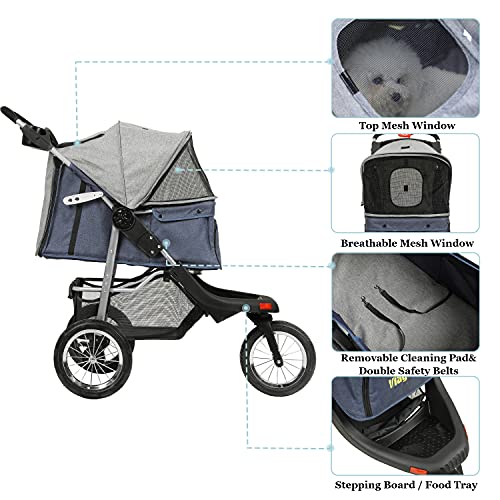 VIAGDO Premium Heavy Duty Pet Stroller for Small Medium Dogs & Cats, 3-Wheel Cat Stroller, Foldable Dog Stroller with Suspension System/Link Brake/One-Hand Fold, Max. Loading 55 LBS