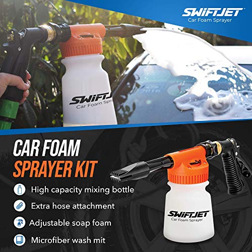 SwiftJet Car Wash Foam Gun + Microfiber Wash Mitt - Car Foam Sprayer - Foam Cannon Garden Hose - Spray Foam Gun Cleaner - Car Wash Kit - Car Accessories for Men - Snow Foam Blaster