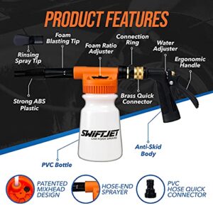 SwiftJet Car Wash Foam Gun + Microfiber Wash Mitt - Car Foam Sprayer - Foam Cannon Garden Hose - Spray Foam Gun Cleaner - Car Wash Kit - Car Accessories for Men - Snow Foam Blaster