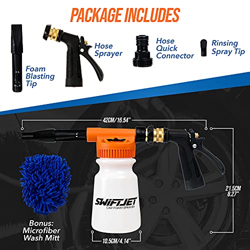 SwiftJet Car Wash Foam Gun + Microfiber Wash Mitt - Car Foam Sprayer - Foam Cannon Garden Hose - Spray Foam Gun Cleaner - Car Wash Kit - Car Accessories for Men - Snow Foam Blaster