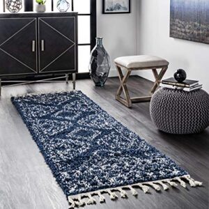 nuloom vasiliki moroccan tribal shag area rug, 2' 6" x 6', blue