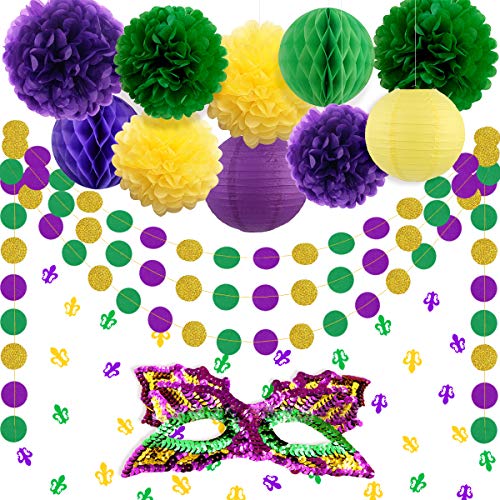 Mardi Gras Decorations Set for Fat Tuesday Private Party Masquerade Mask, De Lis Confetti and Paper Decorations