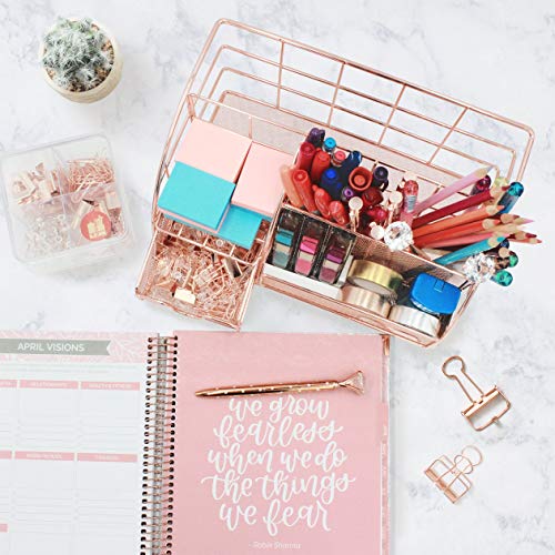 OFFICE ALMIGHTY Rose Gold Desk Organizer for Women: Exclusive Large 6 in 1 Mesh Metal Supplies Organizer with Pen Holders, Folder Holder & Accessories Drawer + BONUS 171 Clips Set w/ a Plastic Box