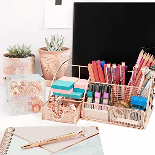 OFFICE ALMIGHTY Rose Gold Desk Organizer for Women: Exclusive Large 6 in 1 Mesh Metal Supplies Organizer with Pen Holders, Folder Holder & Accessories Drawer + BONUS 171 Clips Set w/ a Plastic Box