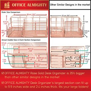 OFFICE ALMIGHTY Rose Gold Desk Organizer for Women: Exclusive Large 6 in 1 Mesh Metal Supplies Organizer with Pen Holders, Folder Holder & Accessories Drawer + BONUS 171 Clips Set w/ a Plastic Box