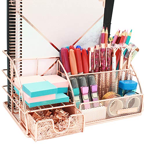 OFFICE ALMIGHTY Rose Gold Desk Organizer for Women: Exclusive Large 6 in 1 Mesh Metal Supplies Organizer with Pen Holders, Folder Holder & Accessories Drawer + BONUS 171 Clips Set w/ a Plastic Box