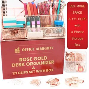 OFFICE ALMIGHTY Rose Gold Desk Organizer for Women: Exclusive Large 6 in 1 Mesh Metal Supplies Organizer with Pen Holders, Folder Holder & Accessories Drawer + BONUS 171 Clips Set w/ a Plastic Box