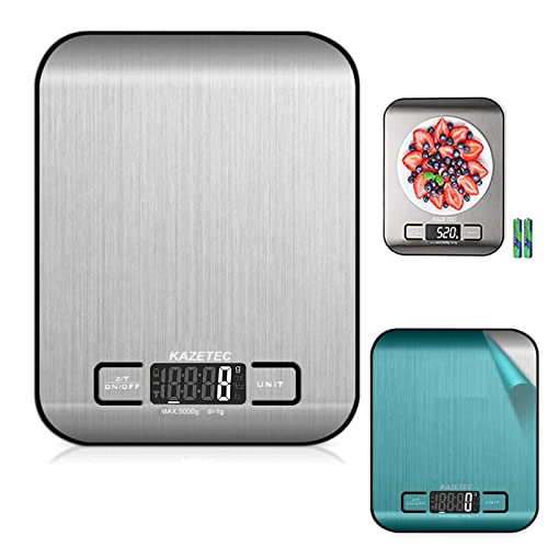 KAZETEC Digital Kitchen Scale,Multifunction Food Scale Measure Weight(MAX:11LB/5KG/176OZ)Accurately,Stainless Steel Scale Digital Weight,Large LCD Display,Waterproof,4 Unit(g/ml/oz/lb)