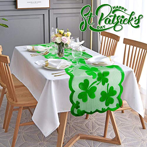 Camlinbo St Patrick's Day Decorations St Patrick's Day Table Runner Green Clovers Print 13x72 Inch Irish Clovers Embroidered Table Runner for Home Irish Party Favor Lucky Day Decoration Table Runner