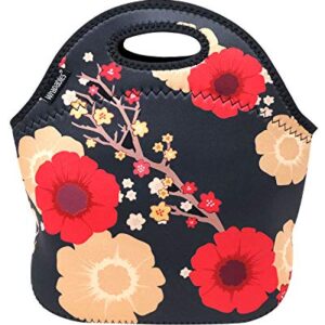 allydrew Insulated Neoprene Lunch Bag Zipper Lunch Box Tote, Blossoms Dark