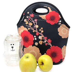 allydrew Insulated Neoprene Lunch Bag Zipper Lunch Box Tote, Blossoms Dark