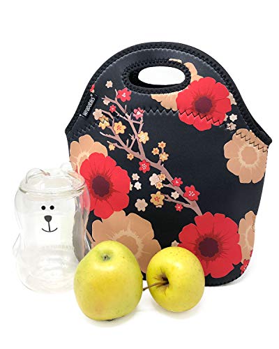 allydrew Insulated Neoprene Lunch Bag Zipper Lunch Box Tote, Blossoms Dark