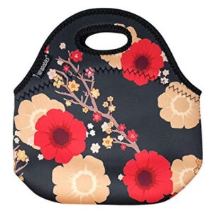 allydrew Insulated Neoprene Lunch Bag Zipper Lunch Box Tote, Blossoms Dark