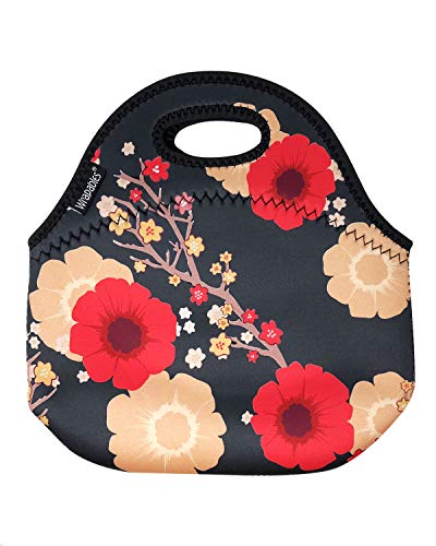 allydrew Insulated Neoprene Lunch Bag Zipper Lunch Box Tote, Blossoms Dark