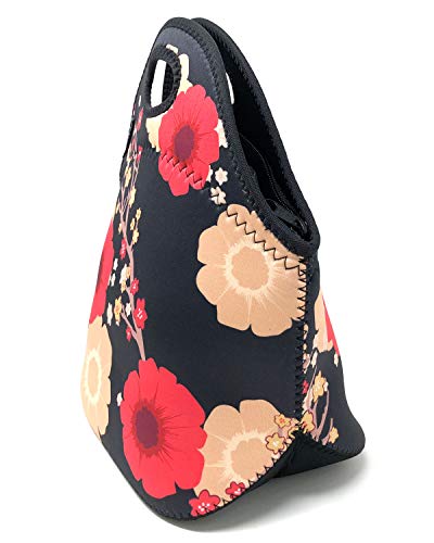 allydrew Insulated Neoprene Lunch Bag Zipper Lunch Box Tote, Blossoms Dark