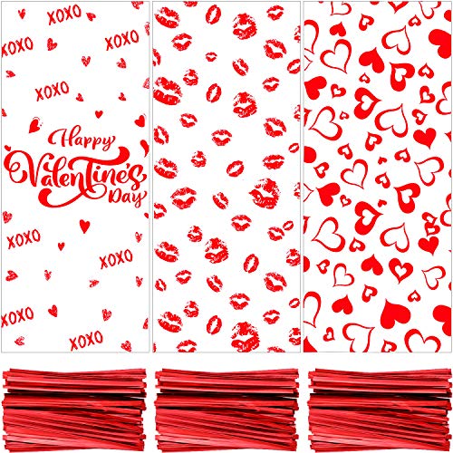 150 Pieces Valentine Cellophane Bags Treat Bags Goodies Bags Candy Bags with 150 Pieces Twist Ties for Valentine's Day Party Favor Supplies (Lip, Heart and Happy Valentine's Day Design)