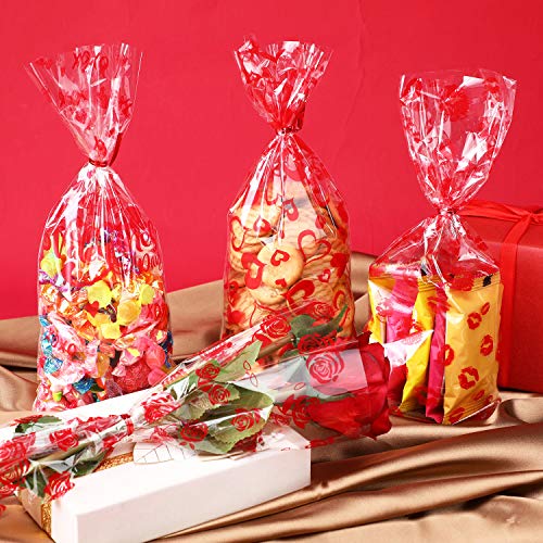 150 Pieces Valentine Cellophane Bags Treat Bags Goodies Bags Candy Bags with 150 Pieces Twist Ties for Valentine's Day Party Favor Supplies (Lip, Heart and Happy Valentine's Day Design)