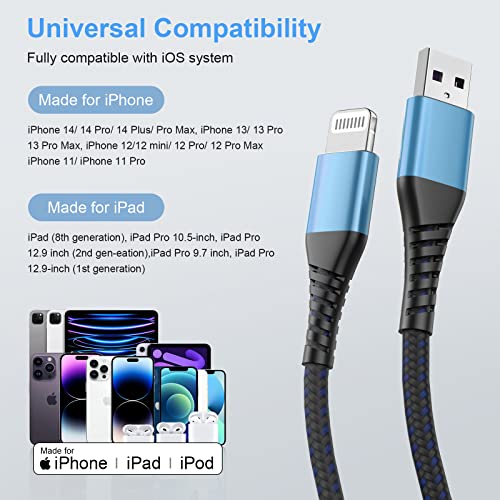 [ Apple MFi Certified 2pack ] iPhone Charger 6ft,Lightning Cable Long 6 Foot Cord, Fast Charging Cables for Apple iPhone 12/11/11Pro/11Max/ X/XS/XR/XS Max/8/7/6/5S/SE/iPad Mini Air (Blue)