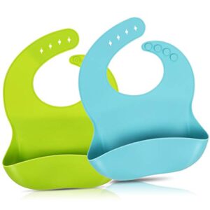 2 pack silicone baby bibs for babies & toddlers (6-72 months), waterproof, soft, bpa free, easy clean up (blue and green)