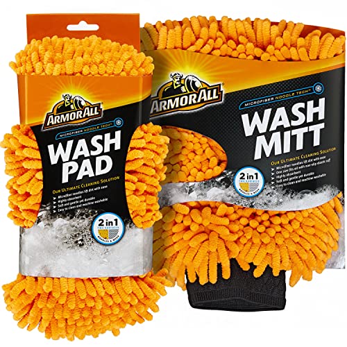 Microfiber Car Wash Mitt and Pad Set by Armor All, Machine Washable, Highly Absorbent Cleaner for Dirt and Bugs