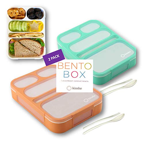 Bento Box for Adults Kids Lunches, Meal Prep Lunch-Boxes for Women Girls Boys | Leakproof Snack Containers for Toddlers Portion Control Container BPA Free | Green + Orange, 5 Compartments, 2 pack