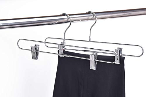 Quality Pant Hangers - 10-Pack Pant & Skirt Hanger Set - Chrome Pant Hangers with Clips - 360-Degree Metal Swivel Hook Hangers for Clothes, Pants - Durable, Anti-Rust Jean, Slack & Trouser Hangers