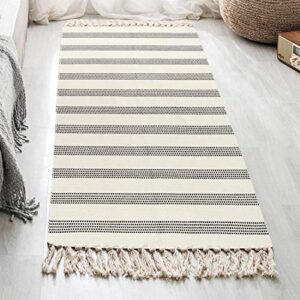 stripe boho rug runner 2' x 4.3', kimode farmhouse cotton woven small traffic area rug washable fringe tassels throw rug for bathroom kitchen bedroom laundry doorway, cream