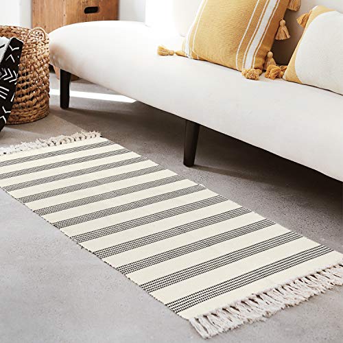 Stripe Boho Rug Runner 2' x 4.3', KIMODE Farmhouse Cotton Woven Small Traffic Area Rug Washable Fringe Tassels Throw Rug for Bathroom Kitchen Bedroom Laundry Doorway, Cream