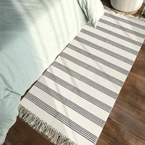 Stripe Boho Rug Runner 2' x 4.3', KIMODE Farmhouse Cotton Woven Small Traffic Area Rug Washable Fringe Tassels Throw Rug for Bathroom Kitchen Bedroom Laundry Doorway, Cream