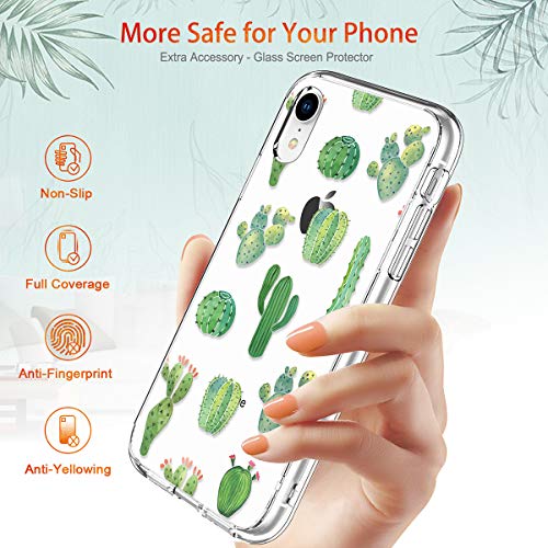 GiiKa iPhone XR Case with Screen Protector, Clear Heavy Duty Protective Case Floral Girls Women Shockproof Hard PC Back Case with Slim TPU Bumper Cover Phone Case for iPhone XR, Green Cactus