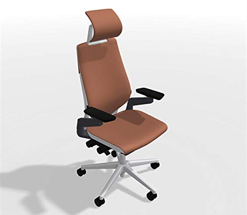 Steelcase Gesture Office Desk Chair with Headrest in Elmosoft Genuine Saddle L147 Leather Plus Lumbar Support High Platinum Metallic Frame with Seagull Seat/Back Merle Arms (Light/Light)