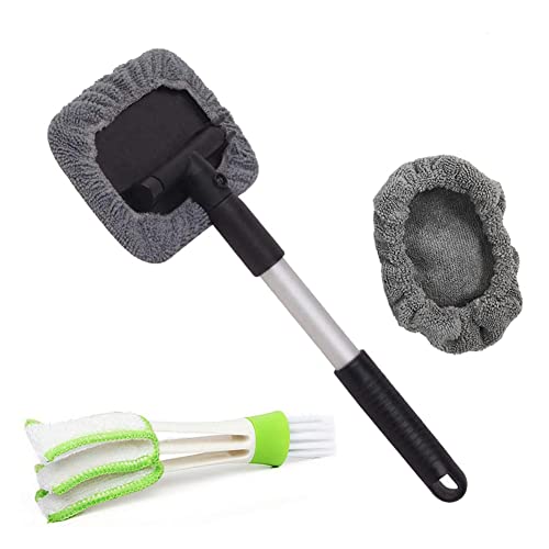 STEVE YIWU Windshield Window Cleaner Tool, Car Window Cleaner 180°Rotating Car Cleaning Brush Retractable Handle,2 Washable Microfiber Cover with Free 1Pc Green Car Crevice Brush Nice Gift