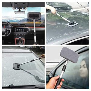 STEVE YIWU Windshield Window Cleaner Tool, Car Window Cleaner 180°Rotating Car Cleaning Brush Retractable Handle,2 Washable Microfiber Cover with Free 1Pc Green Car Crevice Brush Nice Gift