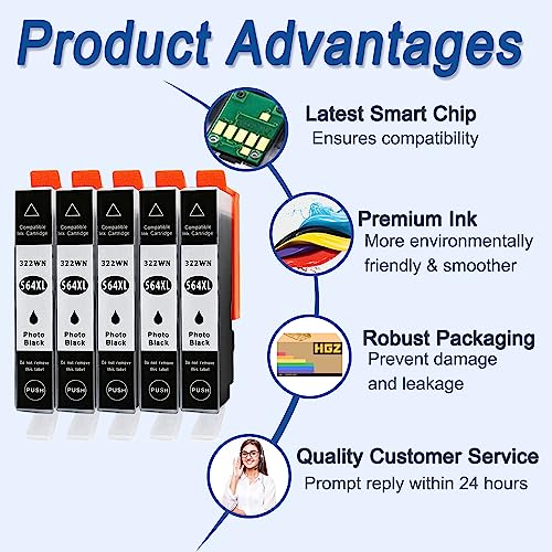 HGZ Compatible 564XL Ink Cartridges Replaccement for HP 564XL 564 XL Photo Black Used for Photosmart 5520 6510 6520 7510 7520 7515 C6380 C310 (5 Small Black)