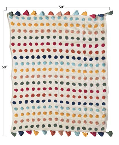 Creative Co-Op 60" L x 50" W Woven Cotton Tufted Dots & Tassels Throw, Multicolor