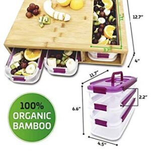 Bamboo Cutting Board with Containers-4 piece set-3 stack able containers with one purple lid-Food storage-Chopping/Dicing/Slicing-Meal Prep Station-Kitchen Essential-Space Saver