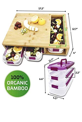 Bamboo Cutting Board with Containers-4 piece set-3 stack able containers with one purple lid-Food storage-Chopping/Dicing/Slicing-Meal Prep Station-Kitchen Essential-Space Saver