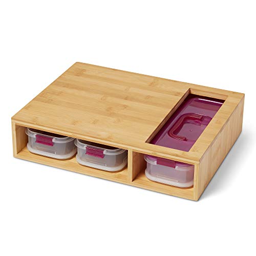 Bamboo Cutting Board with Containers-4 piece set-3 stack able containers with one purple lid-Food storage-Chopping/Dicing/Slicing-Meal Prep Station-Kitchen Essential-Space Saver