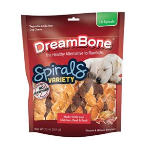 dreambone spirals variety pack, no-rawhide chews for dogs, 18 spiral, 18-count (dbs-00345)