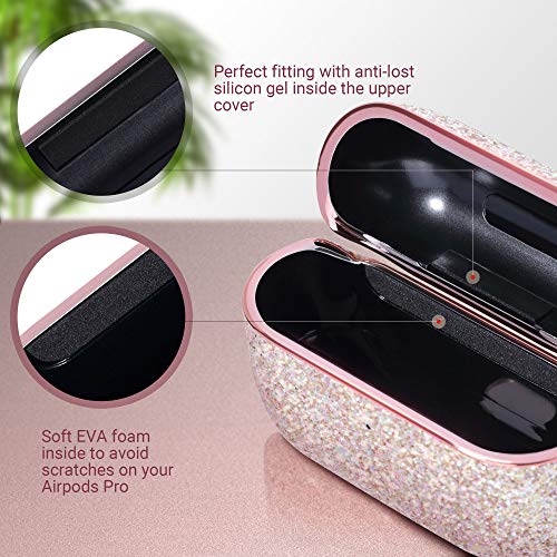 ULAK Compatible with AirPods Pro Case, Glitter AirPods Pro 1st Generation Case for Women Girls Bling Sparkle Leather Shockproof Protective iPods Pro Cover with Keychain for AirPod Pro 2019, Pink