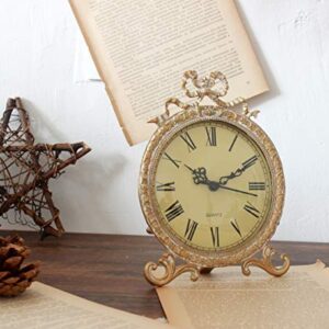 Funly mee Vintage Pewter Table Clock with Antique Golden Bow（Plexiglass Shell）