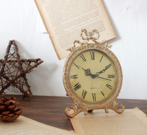 Funly mee Vintage Pewter Table Clock with Antique Golden Bow（Plexiglass Shell）