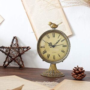 Funly mee Vintage Pewter Table Clock with Cute Bird,Antique Gold