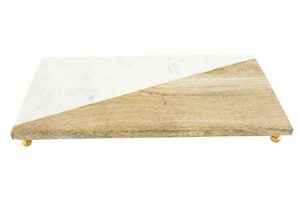 creative co-op df2367 mango wood & marble cutting board/serving brass feet pedestal tray, white