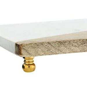 Creative Co-Op DF2367 Mango Wood & Marble Cutting Board/Serving Brass Feet Pedestal Tray, White