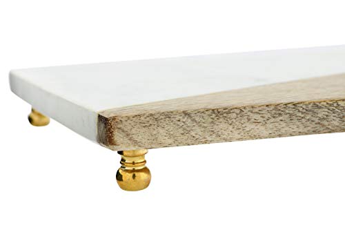 Creative Co-Op DF2367 Mango Wood & Marble Cutting Board/Serving Brass Feet Pedestal Tray, White