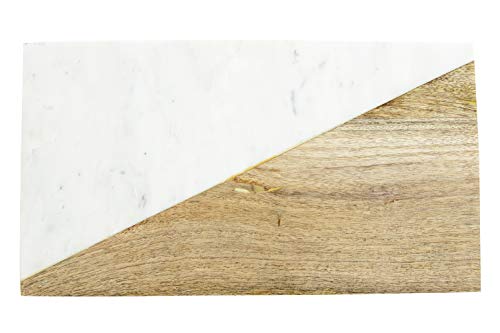 Creative Co-Op DF2367 Mango Wood & Marble Cutting Board/Serving Brass Feet Pedestal Tray, White